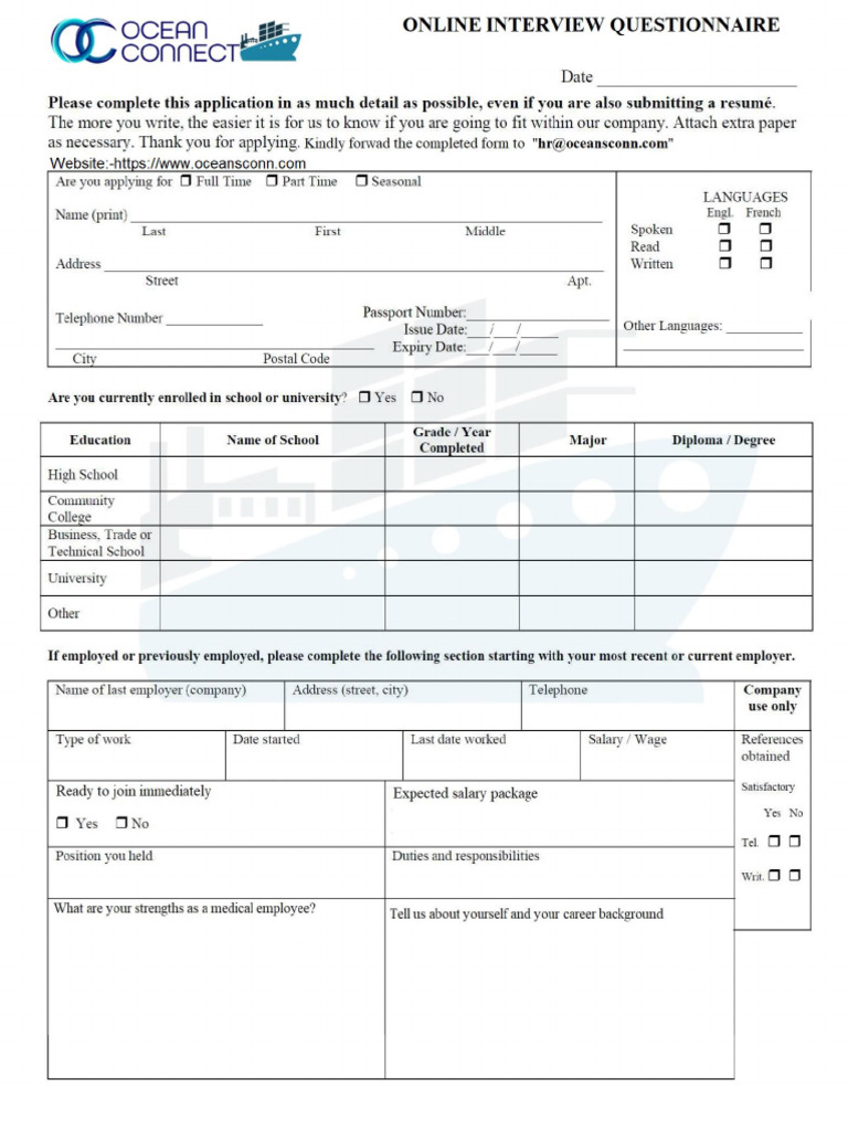 Oceans Connect Shipping LLC Job Application Form | PDF