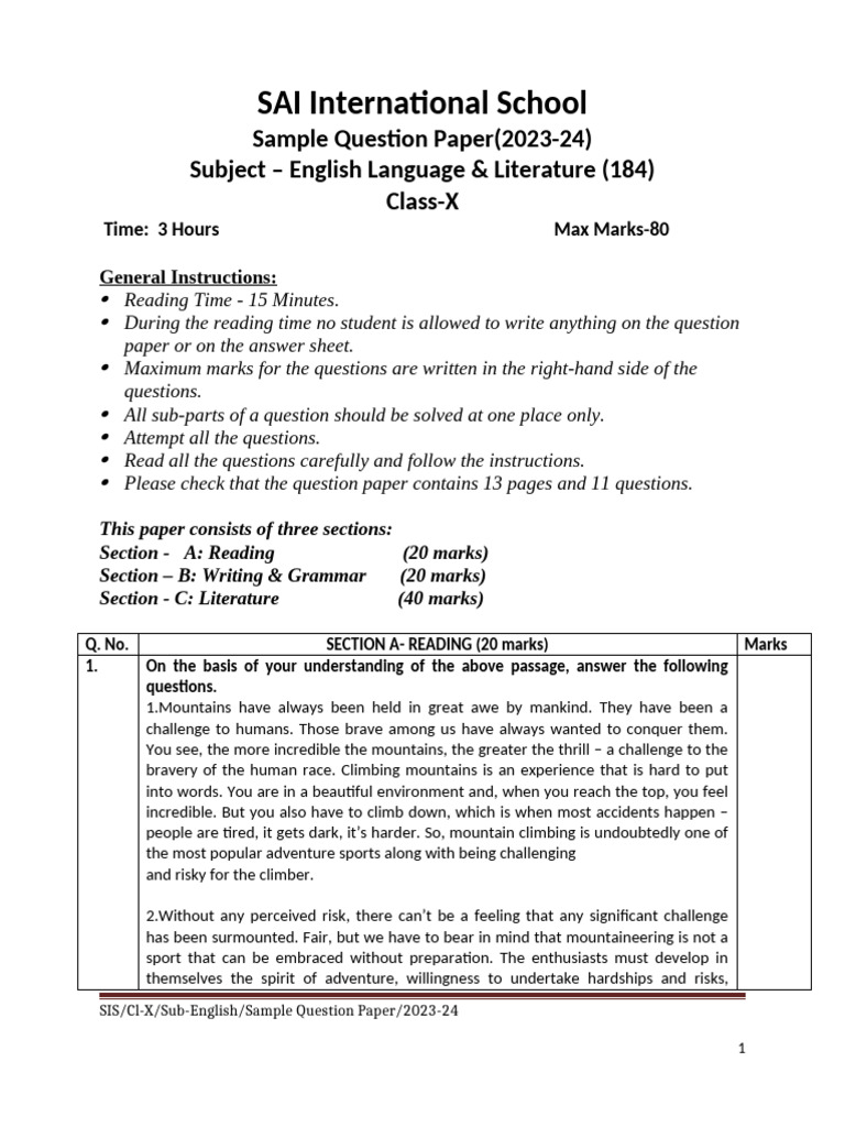 Eng-Sample QP-1-Class-X-2023-24 | PDF