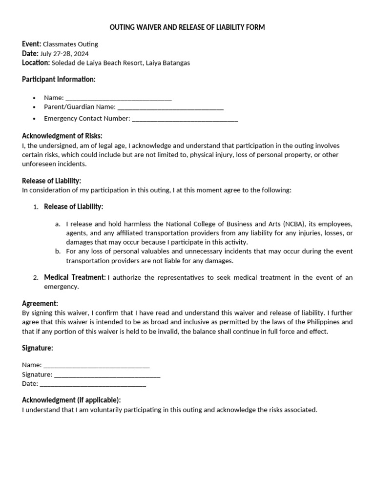 Outing Waiver and Release of Liability Form | PDF