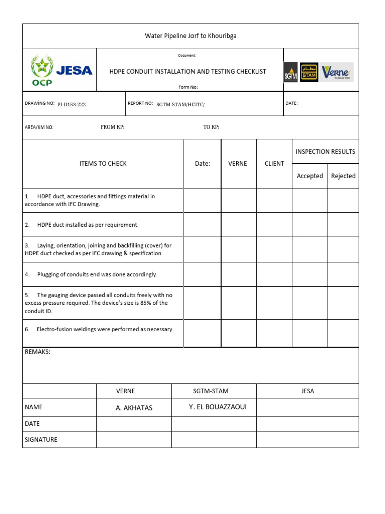 Hdpe Conduit Installation and Testing Checklist | PDF