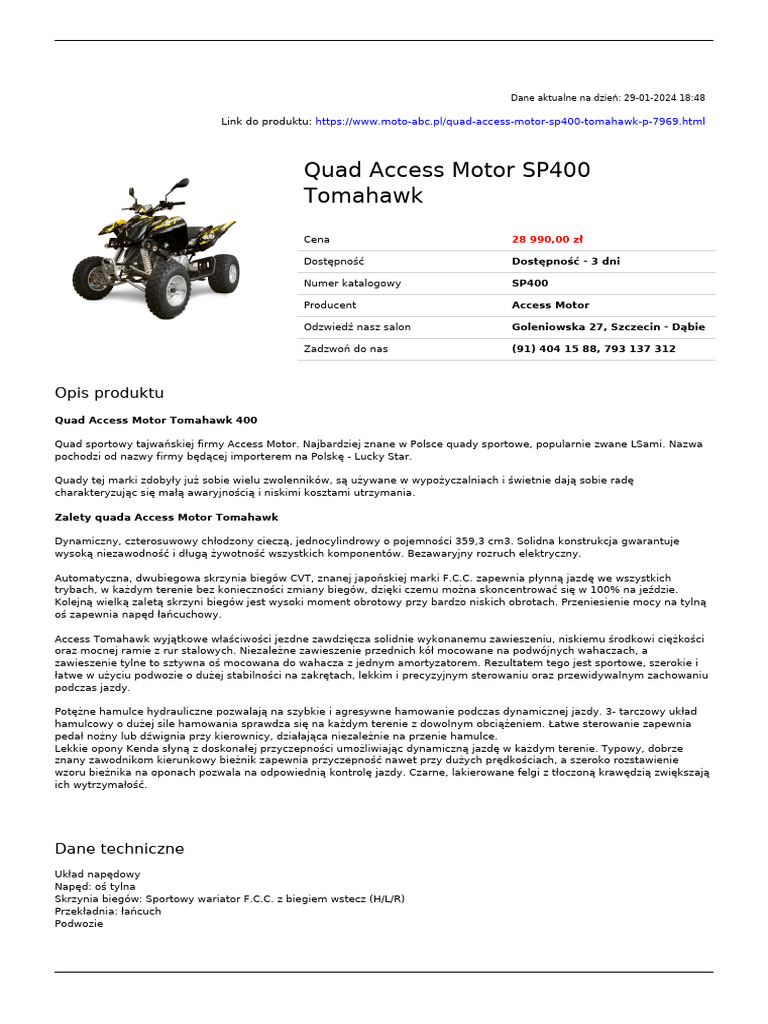 Quad Access Motor sp400 Tomahawk | PDF
