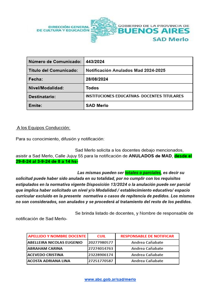 Comunicado N°443-2024 - MAD Anulados | PDF