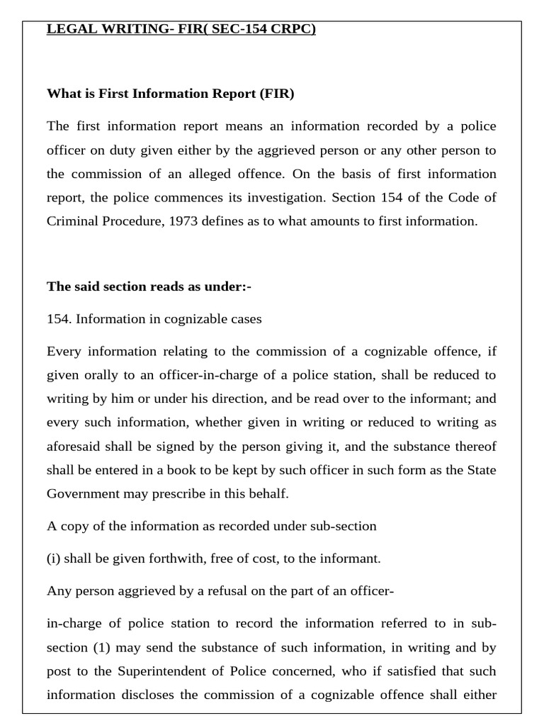 Legal Writing-Fir (Sec-154 CRPC) | PDF