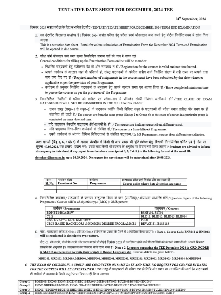 Tentative Date Sheet For December 2024 TEE | PDF | Political Science | Foreign Language Studies