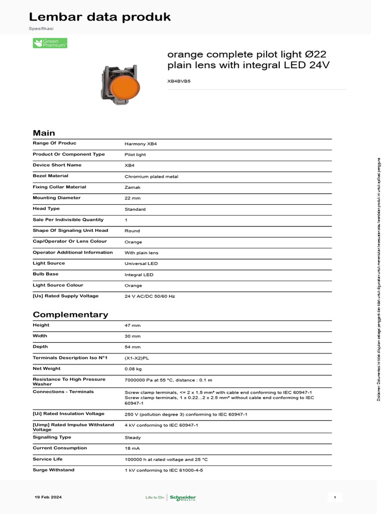 Schneider Electric - Harmony-XB4 - XB4BVB5 | PDF