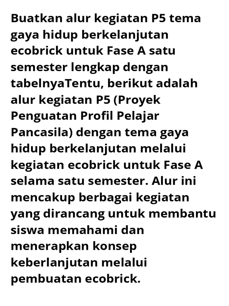 Buatkan Alur Kegiatan P5 Tema Gaya Hidup Berkelanjutan Ecobrick Untuk Fase - 20240727 - 202746 ...