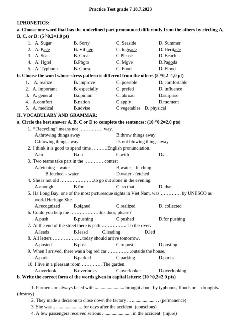 Practice Test Grade 7 18 7 2023 Pdf