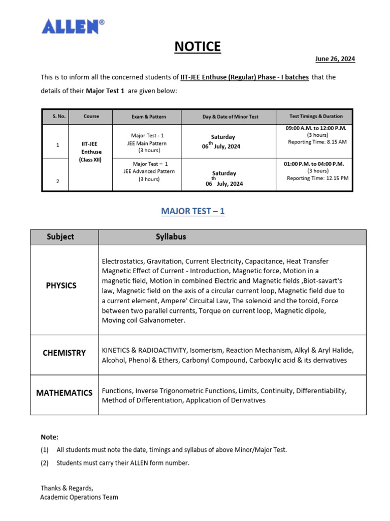 3 - JEE - Notice (M+A) - Enthuse Reg - Phase-I - Major T-1 On 6 July ...