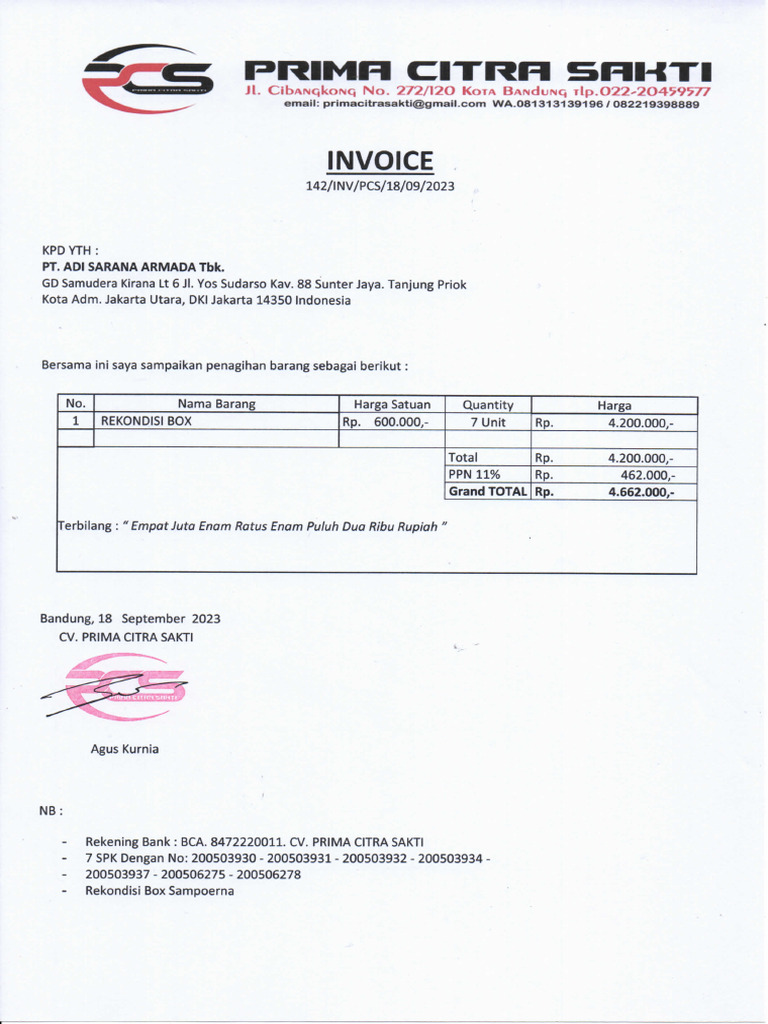 Tagihan Assarent Bandung Perbaikan Box 18 09 2023002 | PDF