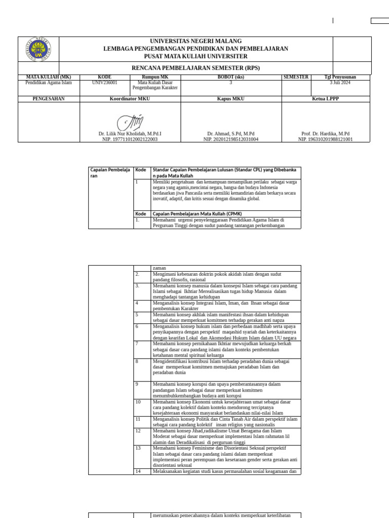 RPS MKU Pendidikan Agama Islam Semester Gasal TH Akademik 2024-2025 | PDF