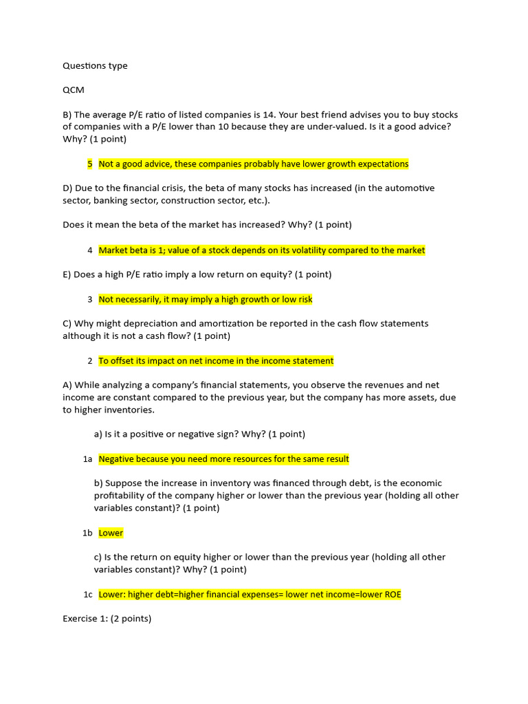Questions Types Corporate Finance - Correction | PDF
