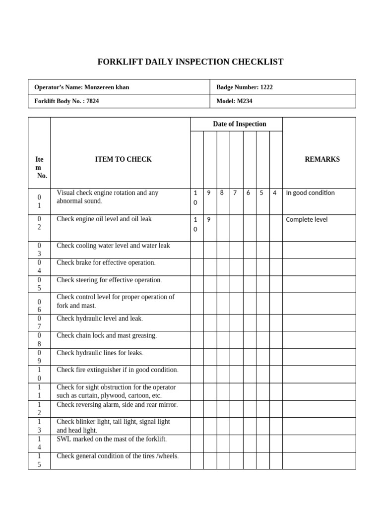 Forklift Daily Inspection Checklist | PDF