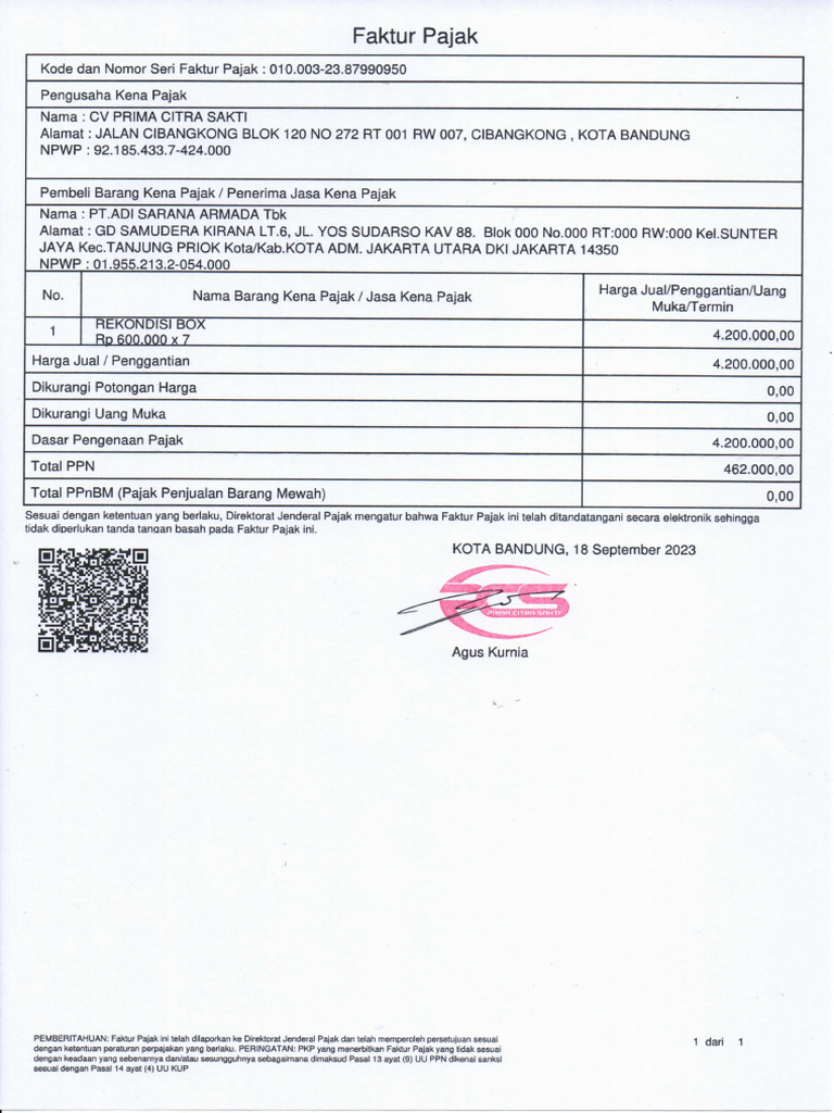 TAGIHAN ASSARENT BANDUNG PERBAIKAN BOX 18 09 2023003 | PDF