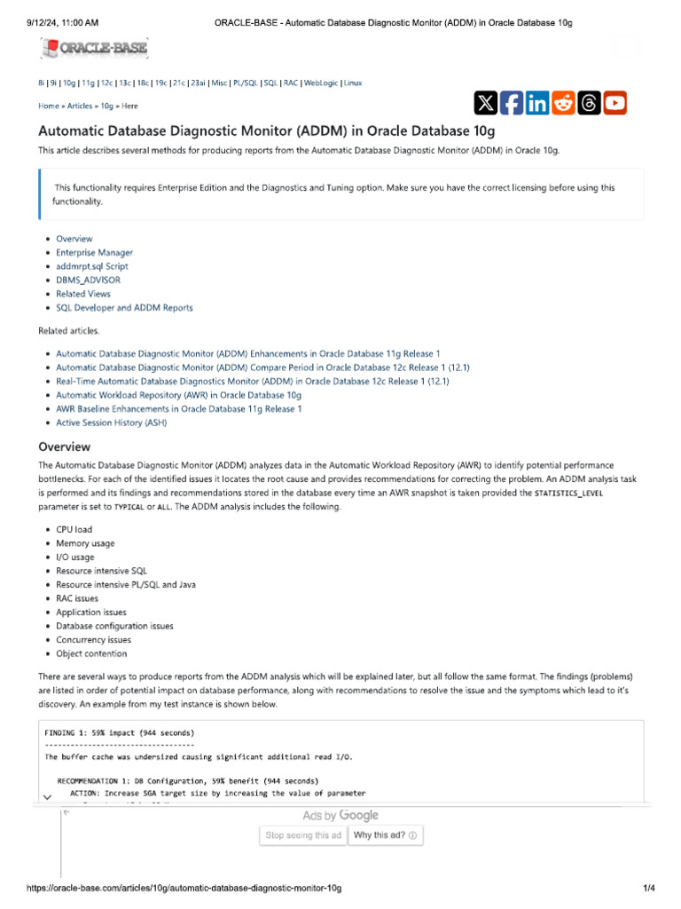 #ADDM-Automatic Database Diagnostics Monitor-10g | PDF