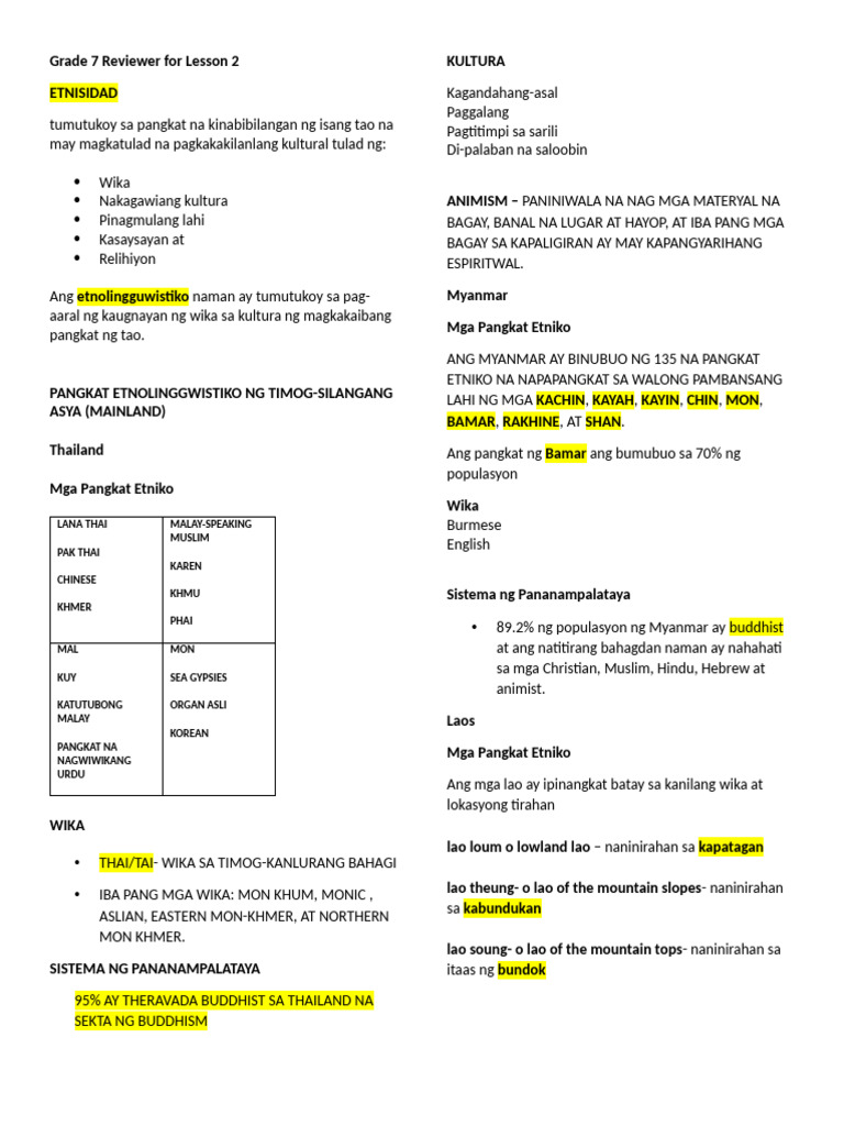 Grade 7 Reviewer For Lesson 2 B 2 | PDF