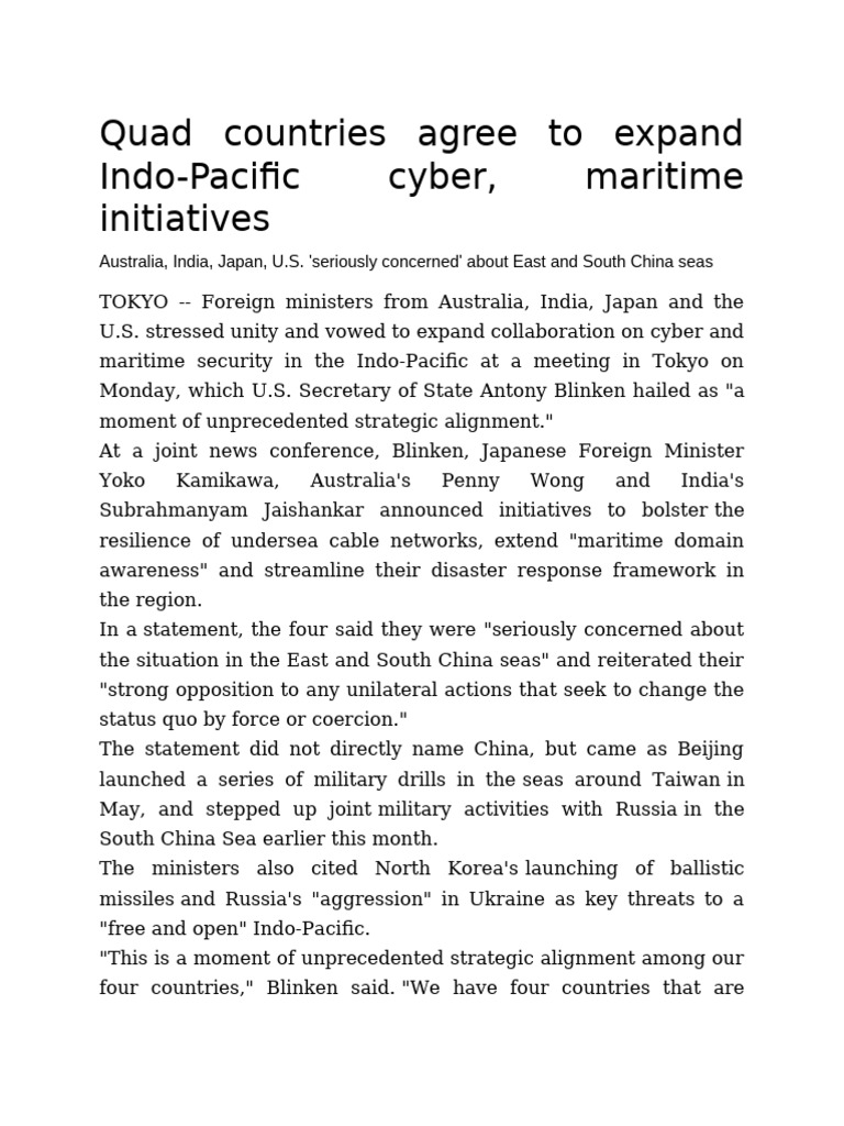 Quad countries agree to expand Indo-Pacific cyber, maritime initiatives ...