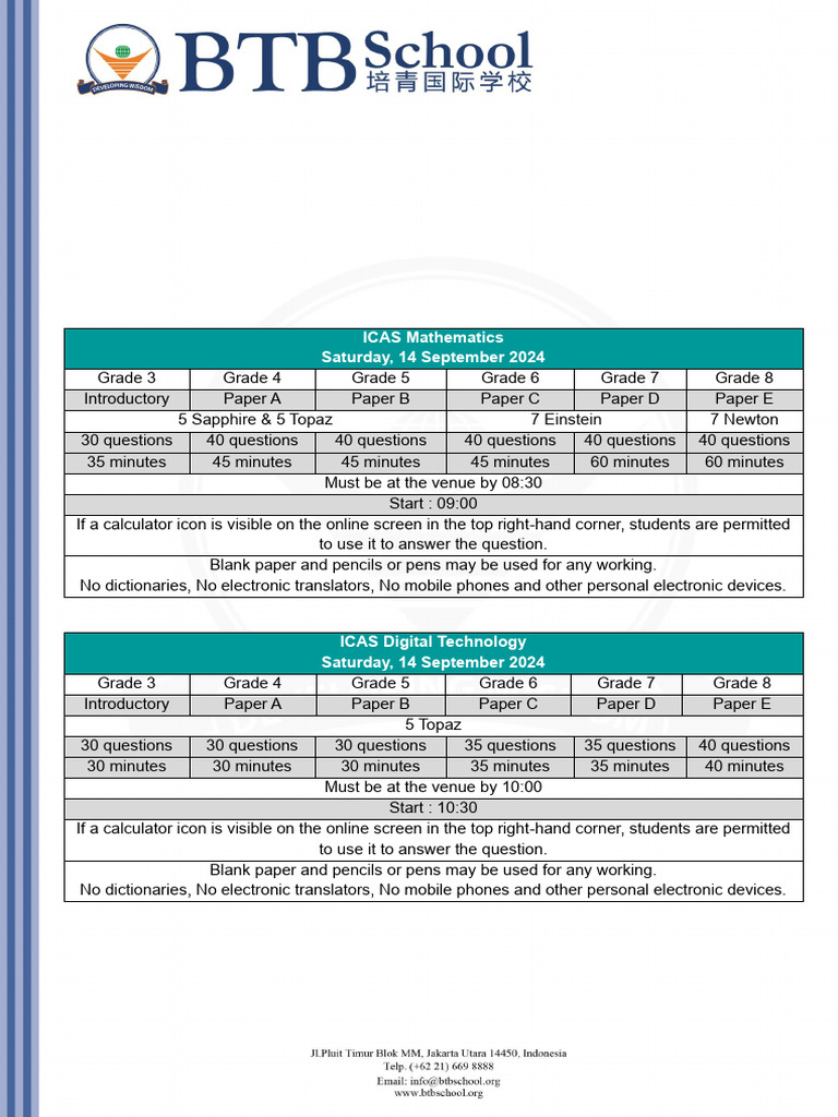 Detail ICAS Mathematics, Digital Technology, Science, English & Spelling Bee 2024 BTB School ...