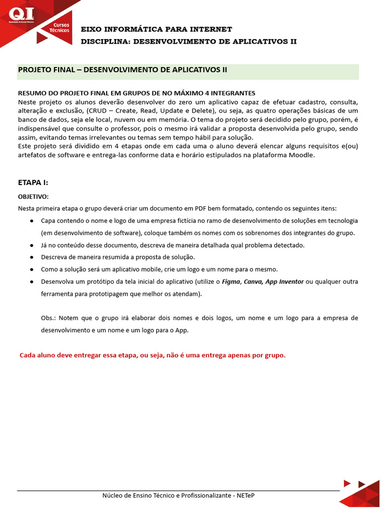 Enunciados Projeto - Etapa I - Desenv Apl II - Semana 2 Ok | PDF