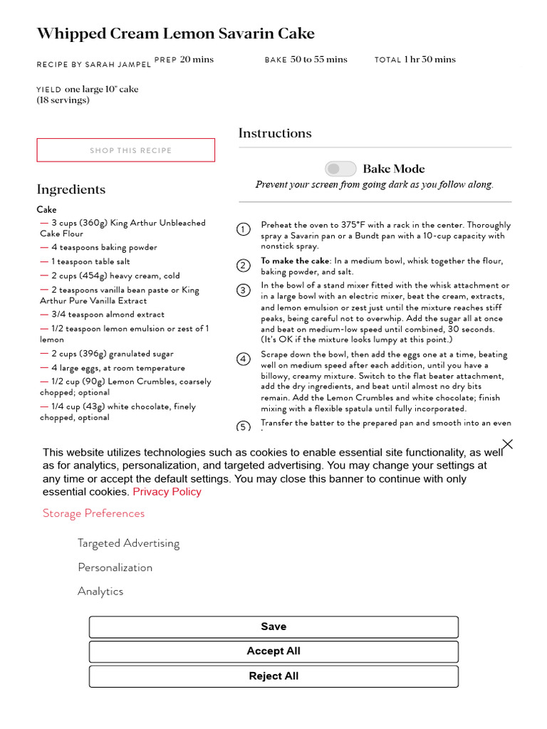 Whipped Cream Lemon Savarin Cake Recipe - King Arthur Baking | PDF ...