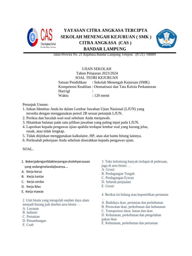 UJIAN SEKOLAH KWU Kelas XII OTKP 2023 - 2024 | PDF