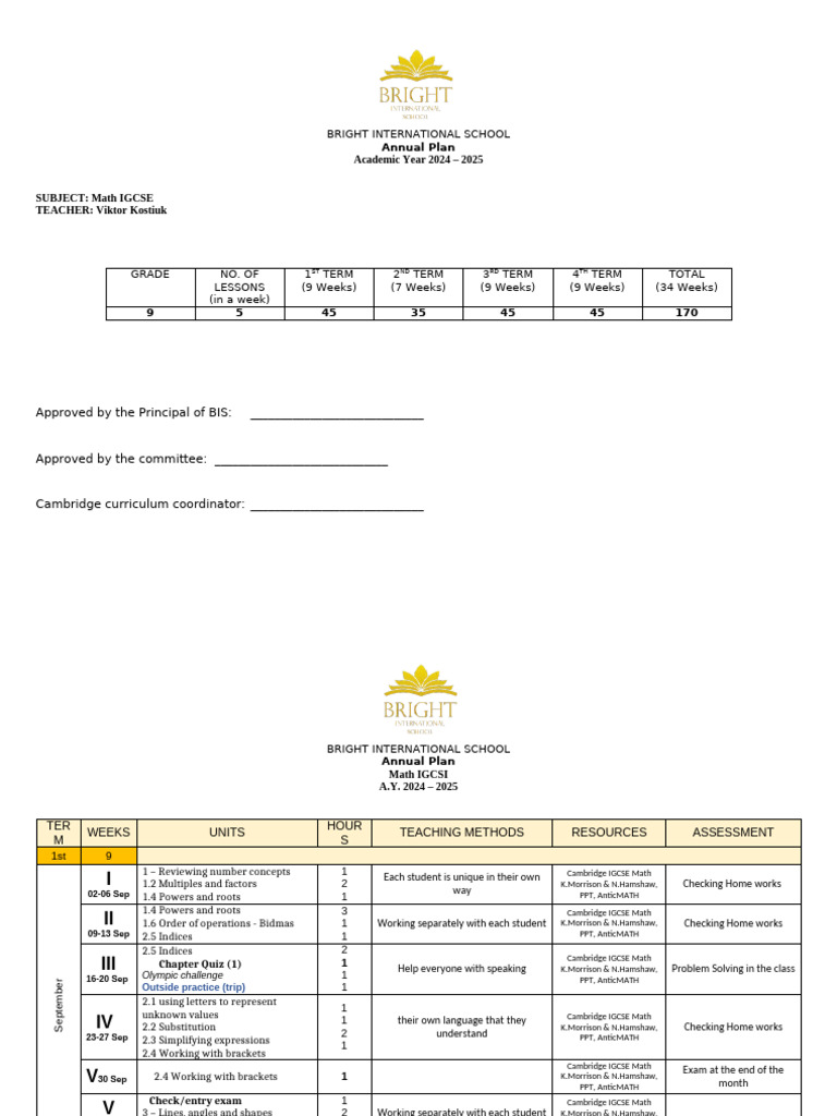 BIS. Yearly Plan 2024-25. Print Math G-9. Viktor Kostiuk | PDF