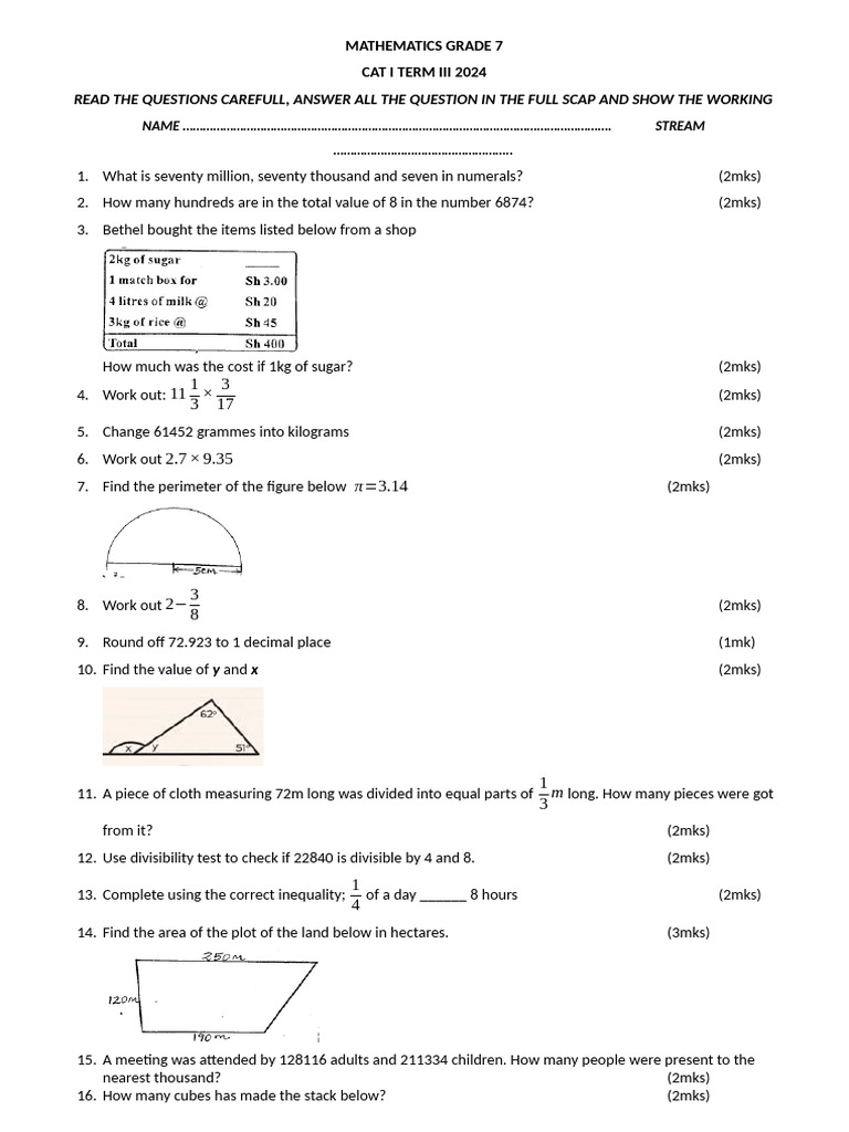 MATHEMATICS GRADE 7 Cat 1 Term 3 2024 | PDF | Arithmetic | Mathematics