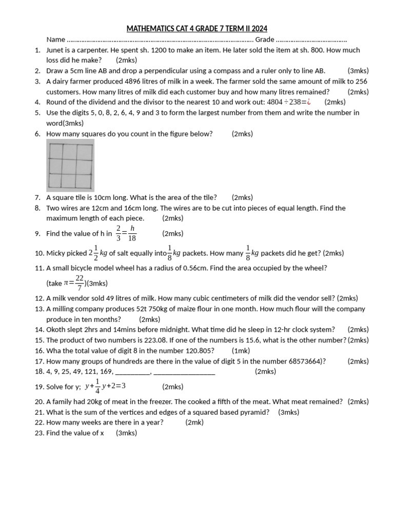 Grade 7 Mathematics CAT 4 Term II 2024 | PDF | Mathematics
