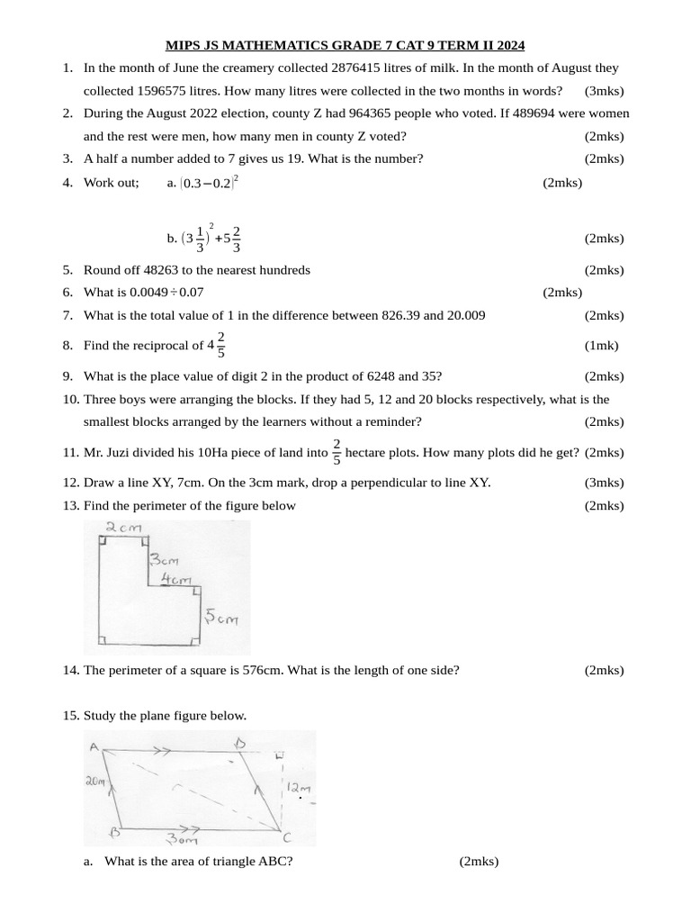 Mips JS Mathematics Grade 7 Cat 9 Term Ii 2024 | PDF