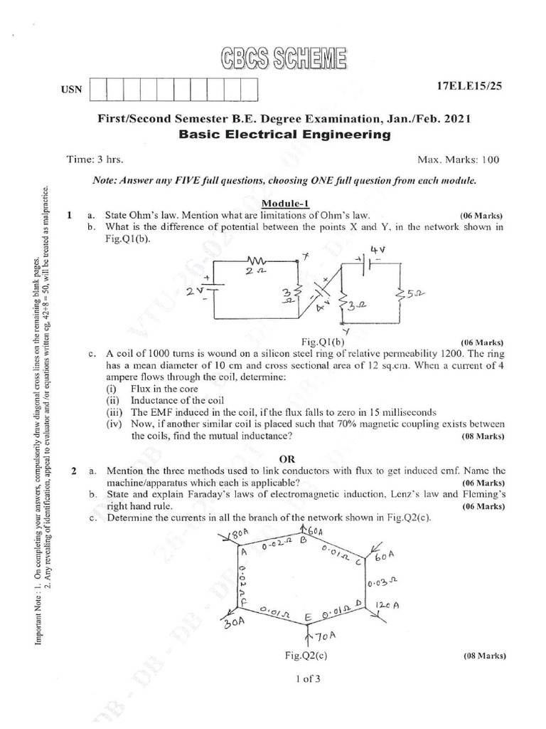 Be 1 Sem 2 Sem Basic Electrical Engineering 17ele15 Feb 2021 | PDF