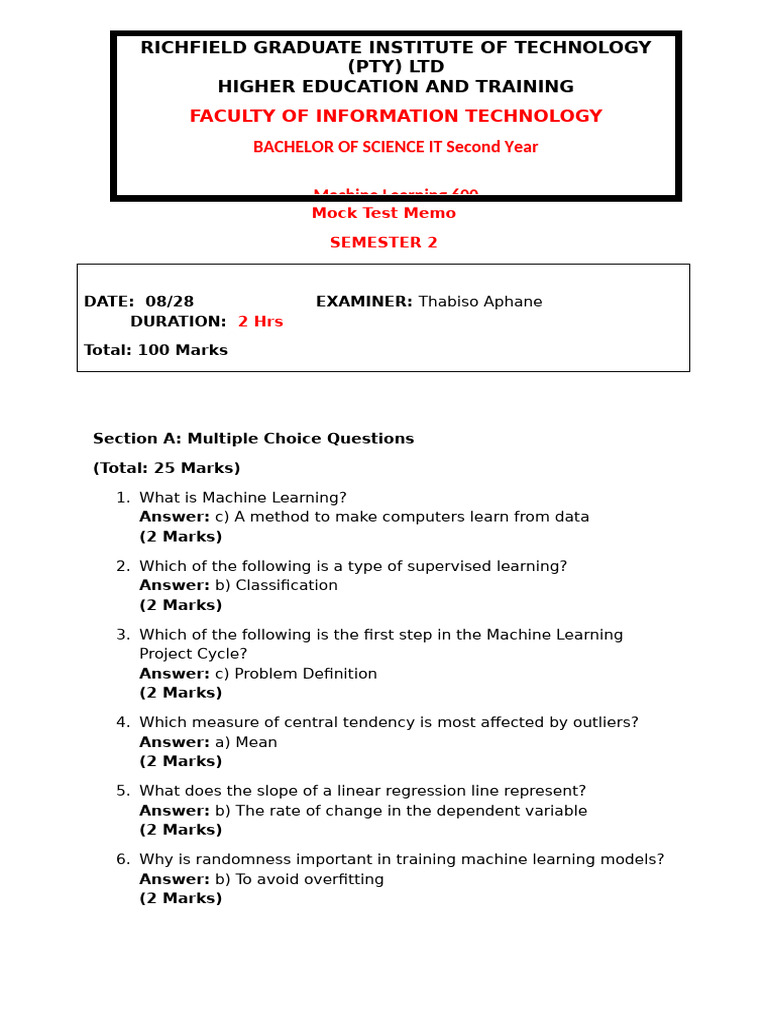 Mock Test Memo - Machine Learning 600 | PDF