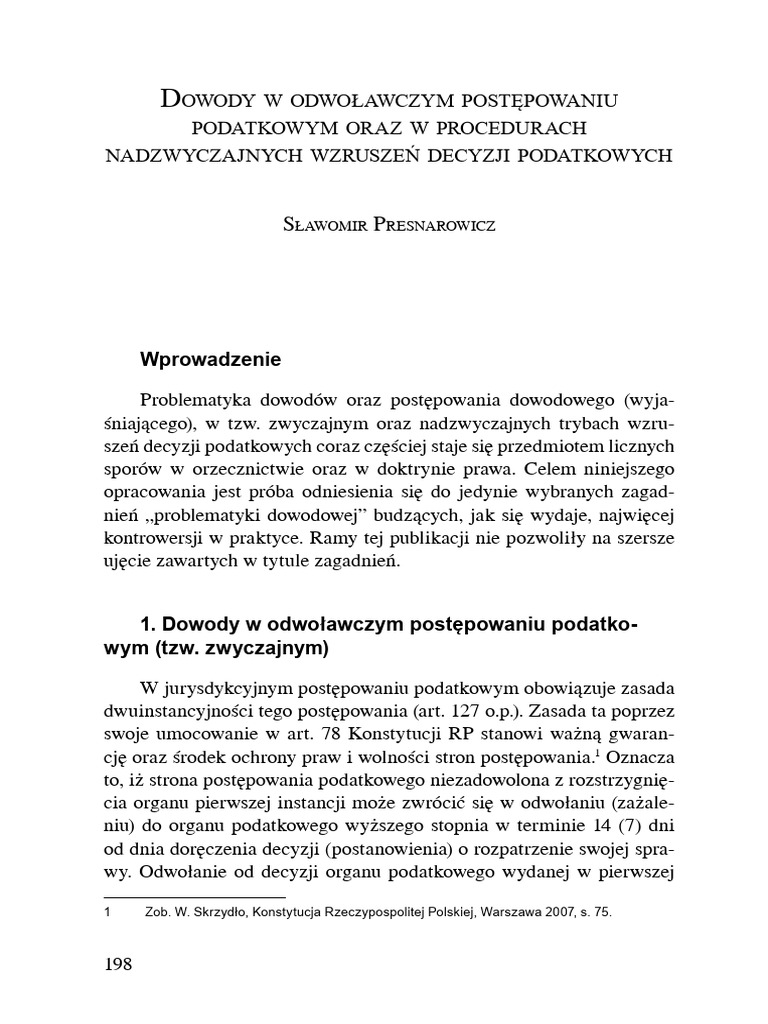 S Presnarowicz Dowody W Odwolawczym Postepowaniu Podatkowym | PDF