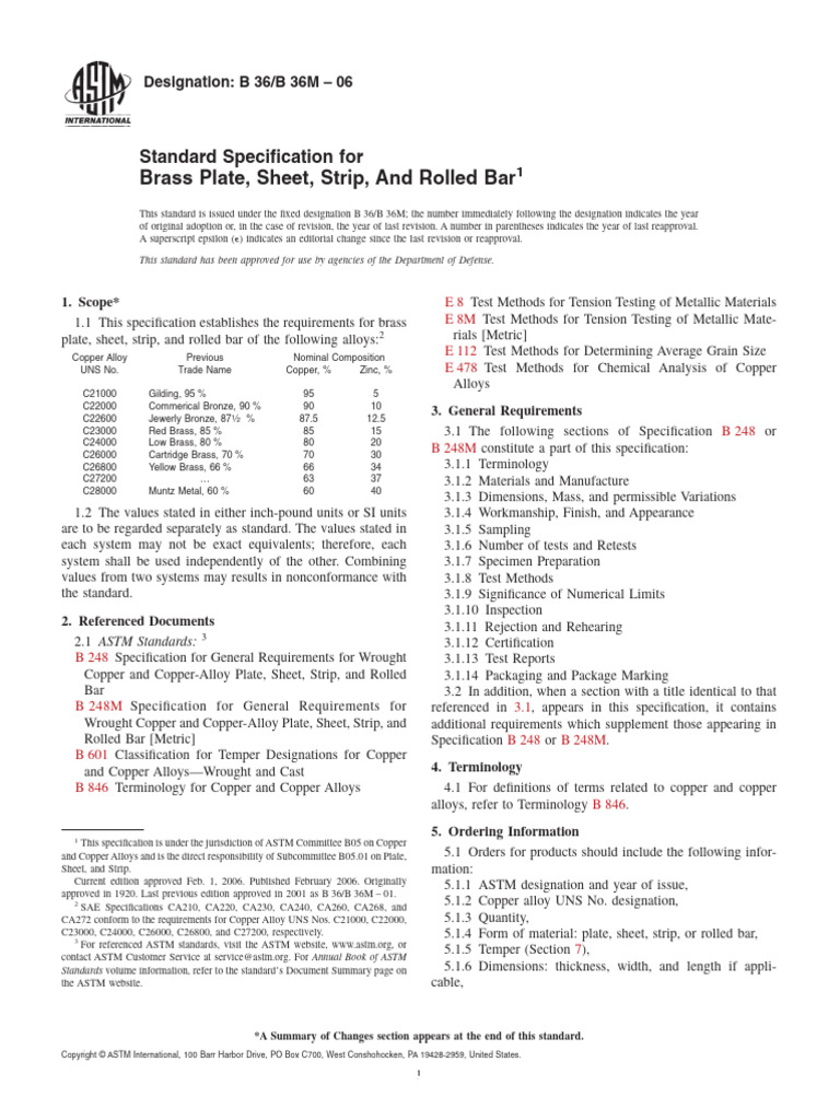 ASTM B36 - B36M-06 - Obsolete | PDF