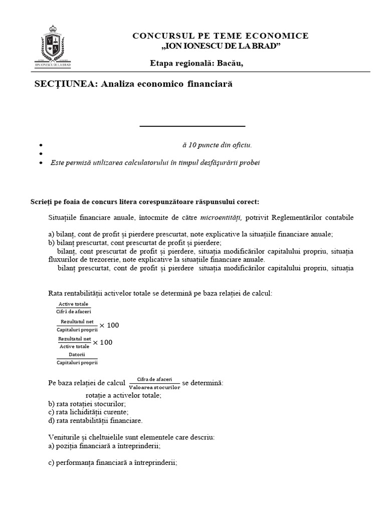 2024 Subiecte - Barem Analiza Ec Fin Cls XII - Final | PDF