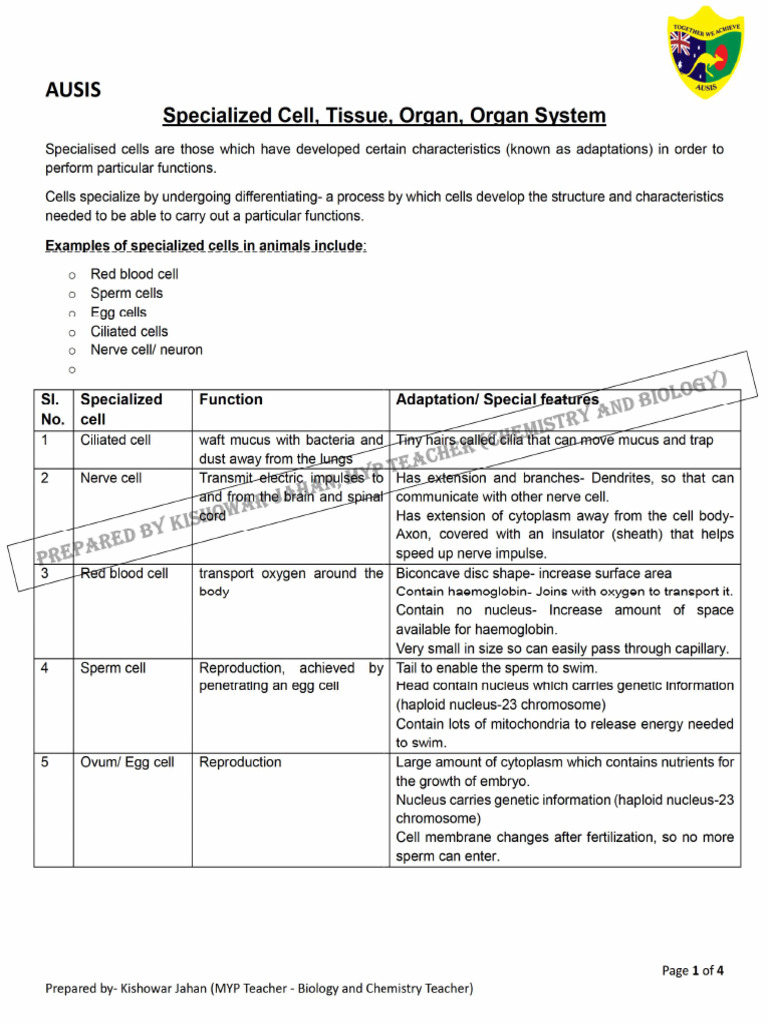 5-T-1-Y-7B-Biology-Specialized Cell Tissue Organ Organ System-P | PDF