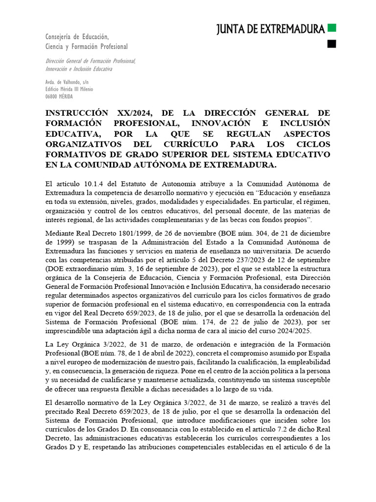 Borrador - Instrucción - CCFF - Grado Superior - 2024 - 2025 | PDF