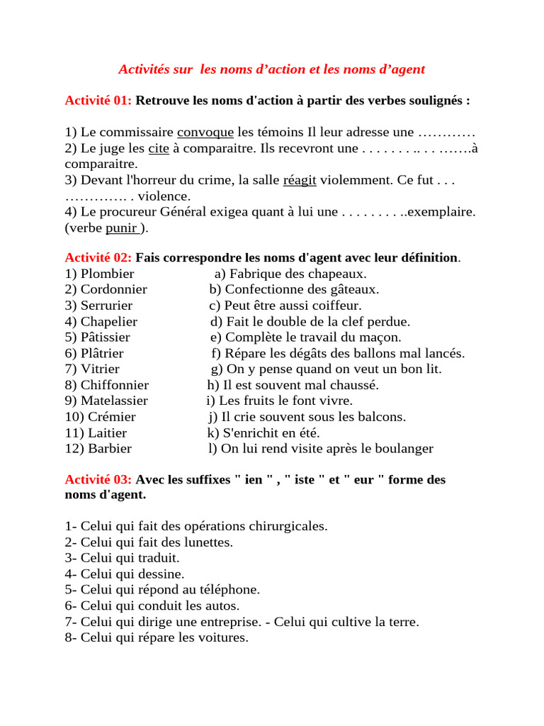 Activités Sur Les Noms D'action Et Les Noms D'agent | PDF