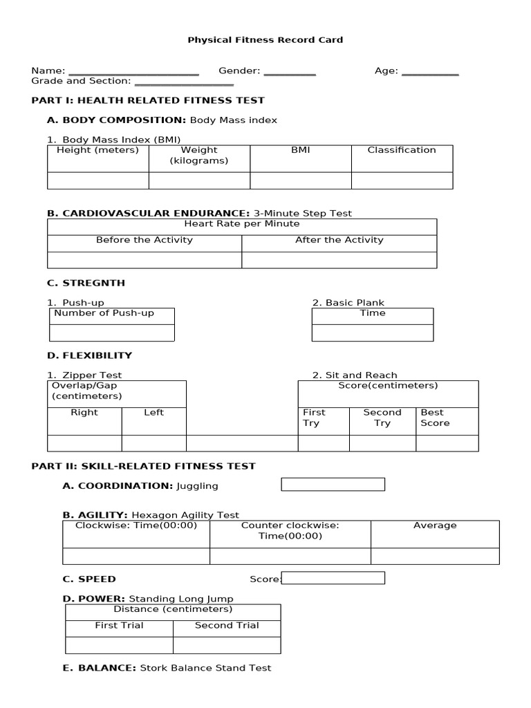Physical Fitness Test Score Card | PDF