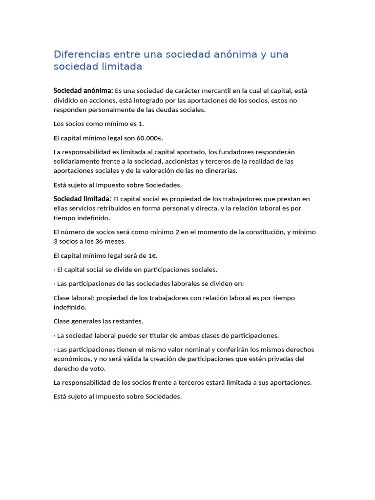 Diferencias Entre Una Sociedad Anã Nima y Una Sociedad Limitada | PDF
