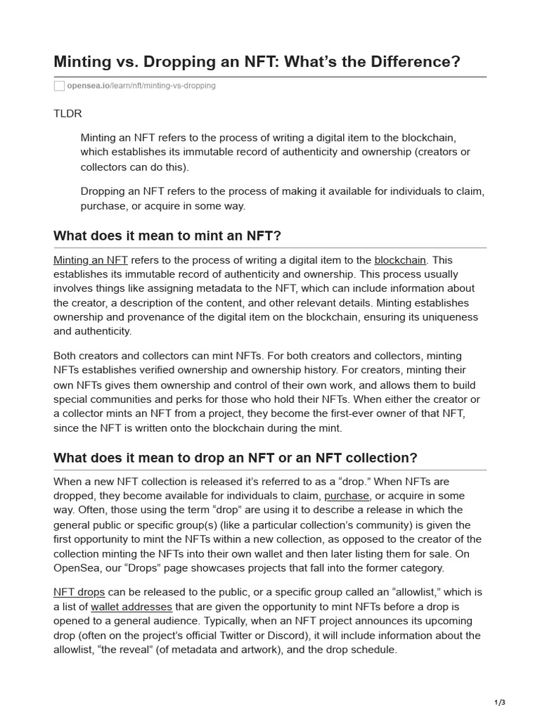 Opensea - Io-Minting Vs Dropping An NFT Whats The Difference | PDF ...
