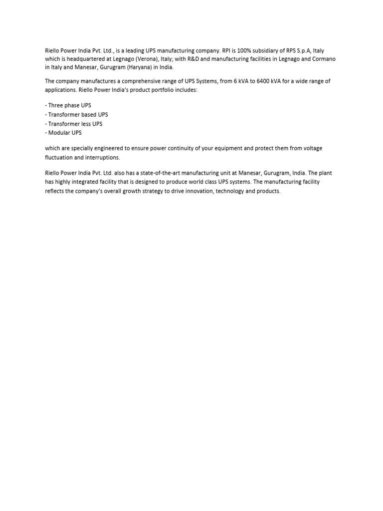 Brief Profile - Riello Power India PVT - 170 Words | PDF