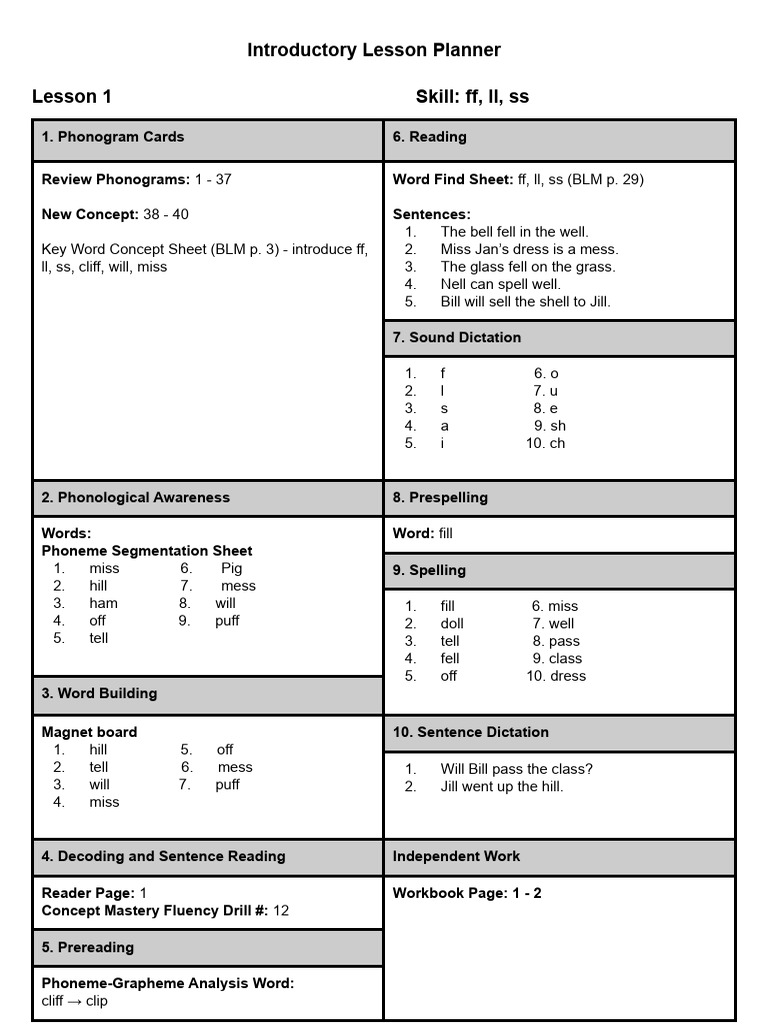 Introductory Lesson Planner Lesson 1 Skill: FF, LL, Ss | PDF