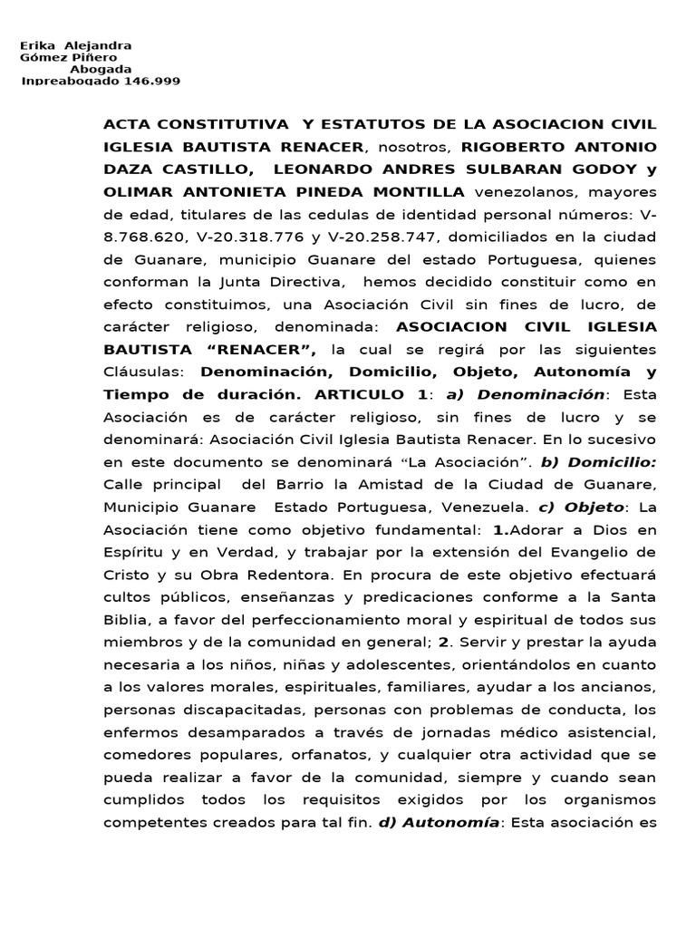Acta Constitutiva y Estatutos de La Asociacion Civil Iglesia Bautista Renacer | PDF