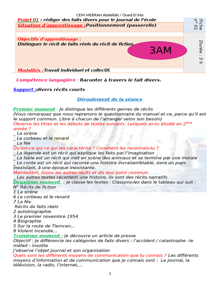 Fiches Pédagogiques 3AM .P1.2.3 | PDF
