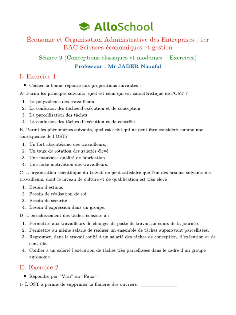 Seance 9 Conceptions Classiques Et Modernes Exercices | PDF