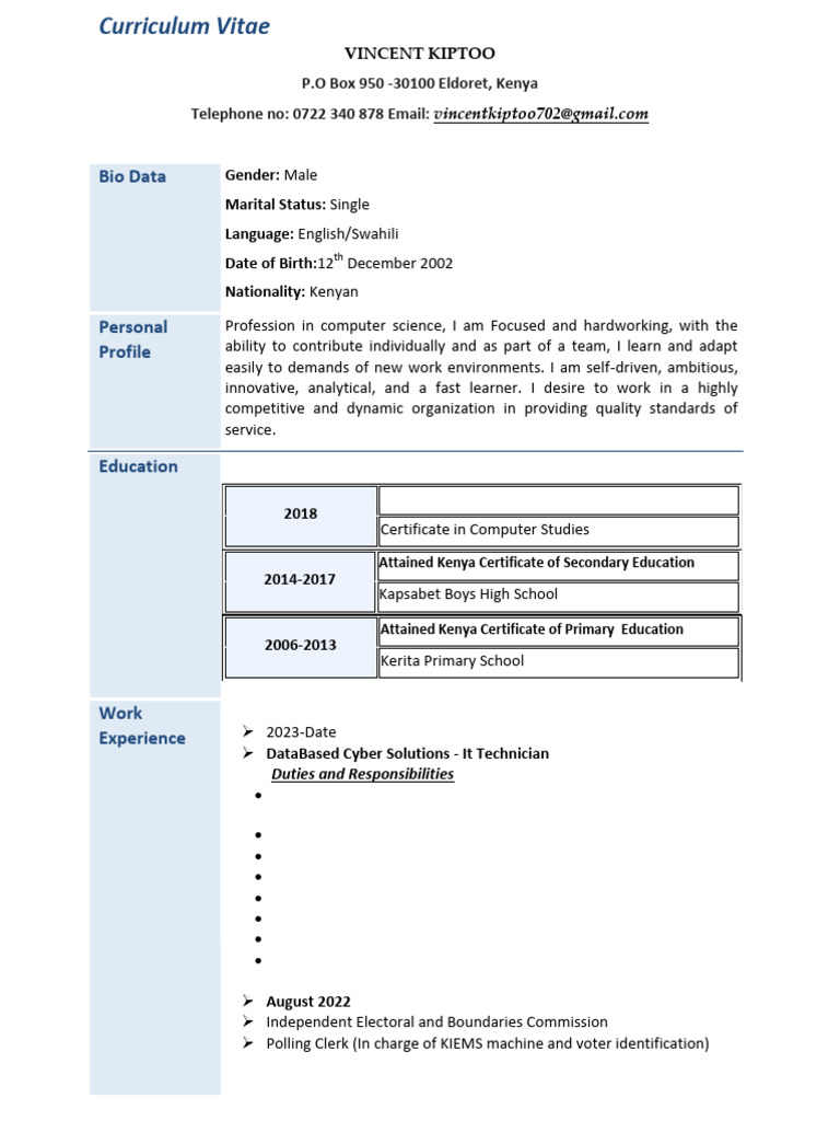 VINCENT KIPTOO CV | PDF