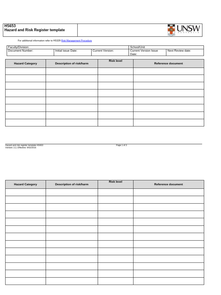 HS653 Hazard and Risk Register Template - School - Unit 0 | PDF