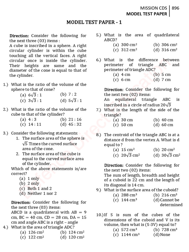 Mission CDS Maths - Model Test Papers | PDF | Area | Triangle