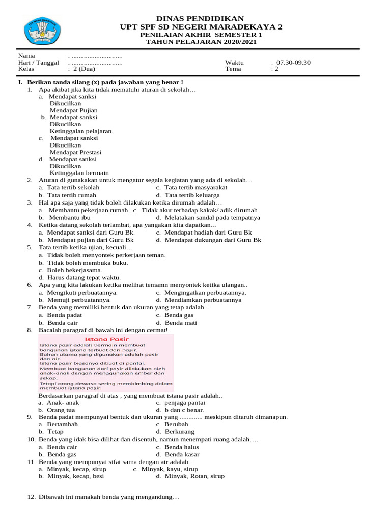 Soal Pas KLS 2 Tema 2 | PDF