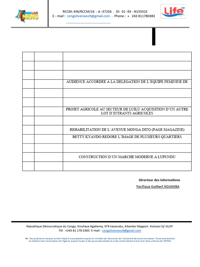 Life HD TV Rapport Mensuel Secteur Luilu Mois de Mai | PDF