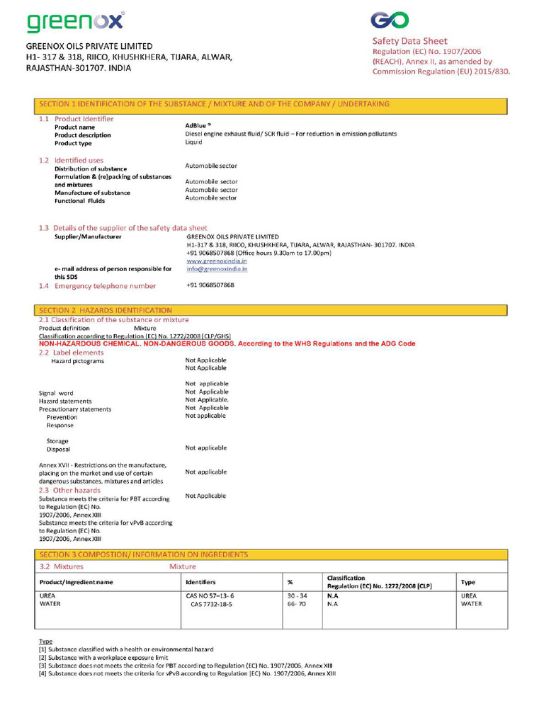 Greenox MSDS For Export | PDF